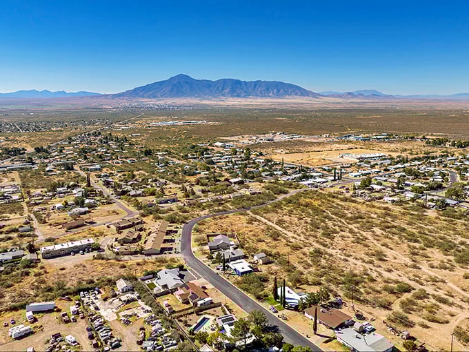From above, Bisbee's relationship with the surrounding desert becomes clear – an oasis of human creativity surrounded by nature's own magnificent artwork.