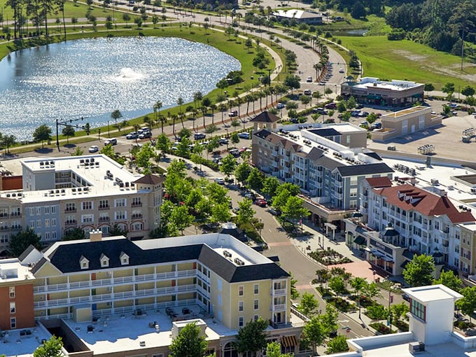 This aerial view reveals The Market Common's perfect balance of buildings, greenspace, and water features—urban planning that understands retail zen.