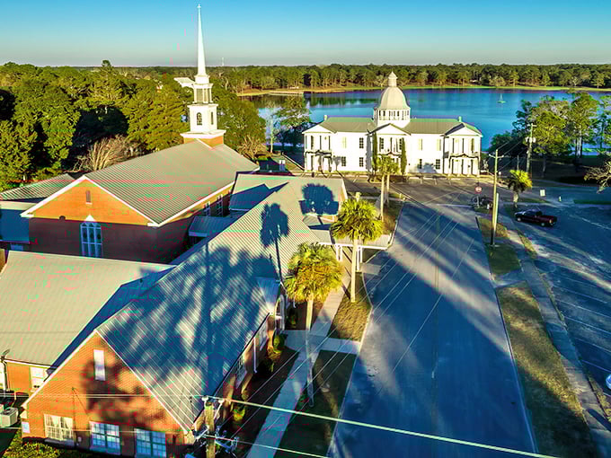 From above, DeFuniak Springs reveals its perfect symmetry—like someone designed a town using only a compass and good taste.