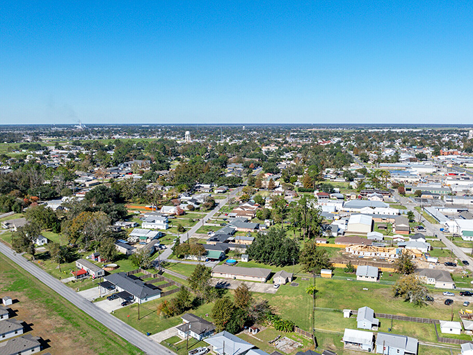 From above, Thibodaux reveals its true character: a patchwork of modest homes, green spaces, and community—affordable paradise found.