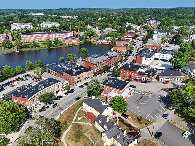 From above, Exeter reveals its perfect small-town anatomy—brick buildings, winding river, and green spaces arranged like a masterclass in community design.