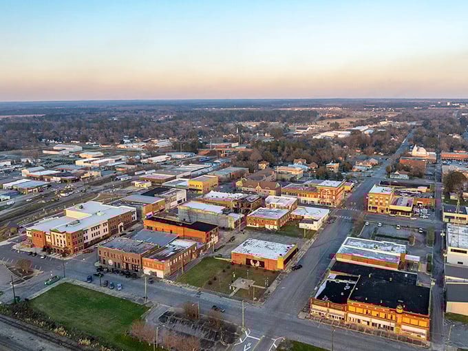 From above, Cordele reveals itself as a perfect grid of history and community, brick buildings glowing amber in the setting Georgia sun.