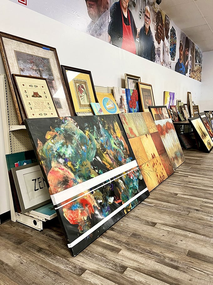 The art section leans with possibility—where else can you find abstract masterpieces and inspirational quotes for less than a fancy coffee?