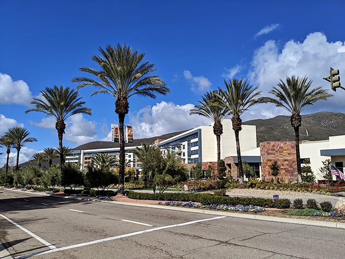Palm trees standing tall like sentinels guarding the retail paradise beyond – California shopping at its most picturesque.