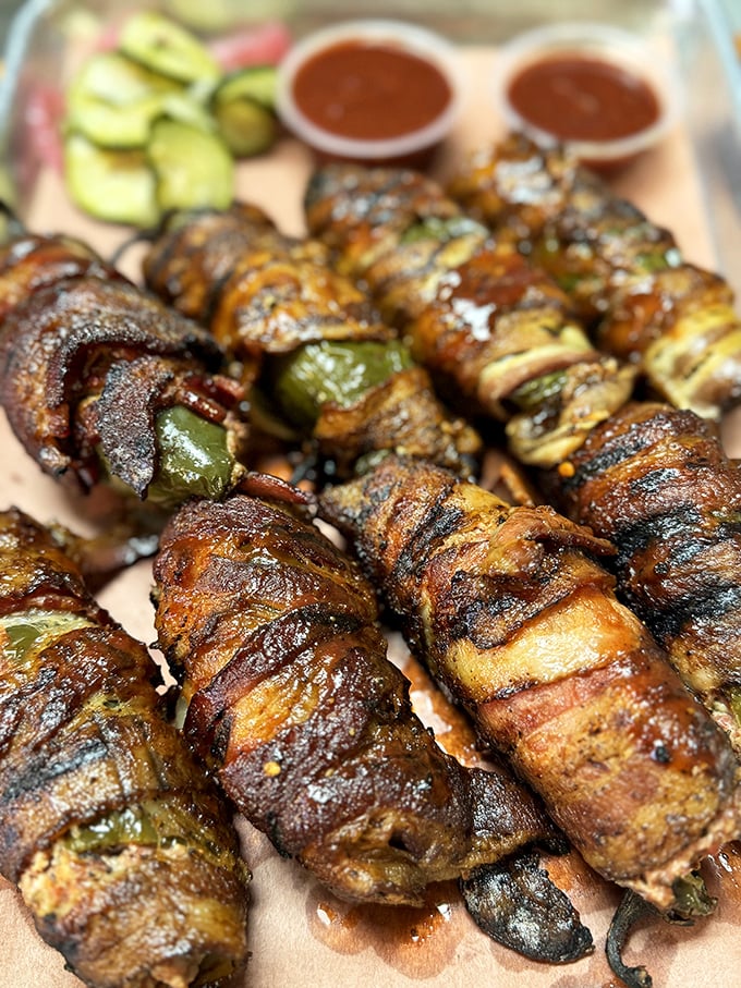 Bacon-wrapped jalapeños – because vegetables should always come dressed in their Sunday best when attending a barbecue party.