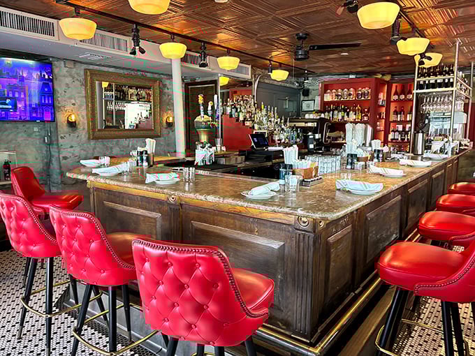 The bar area's red leather stools invite you to perch awhile—perhaps for a mimosa or Bloody Mary to complete the brunch experience.