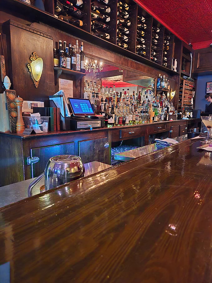 A bar that's seen its share of celebrations, with bottles standing at attention like sailors ready to make your evening memorable.