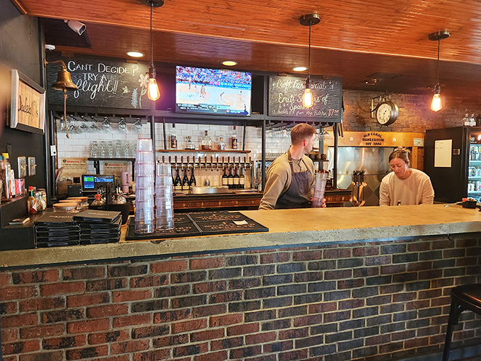 The bar area's chalkboard wisdom—"Can't Decide? Try a Flight!"—might be the best advice you'll get all week.