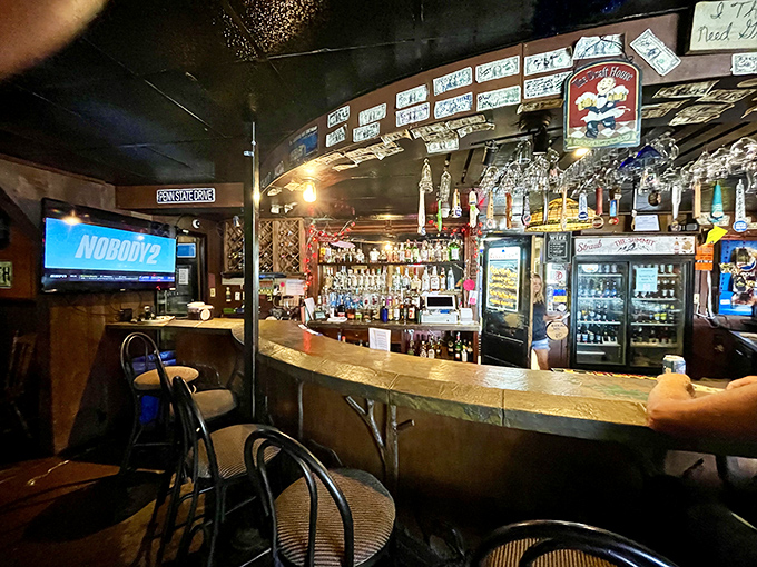 The bar area gleams with promise—each bottle a potential story, each barstool a front-row seat to small-town Pennsylvania conviviality.