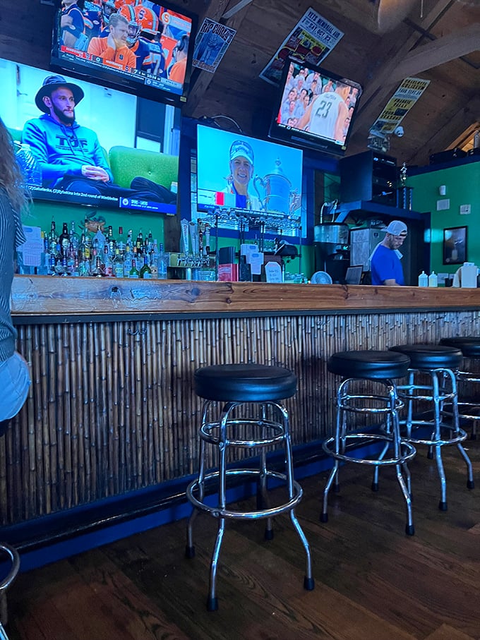 The bar where strangers become friends over shared love of seafood and sports. Those bamboo accents add just the right touch of coastal charm.