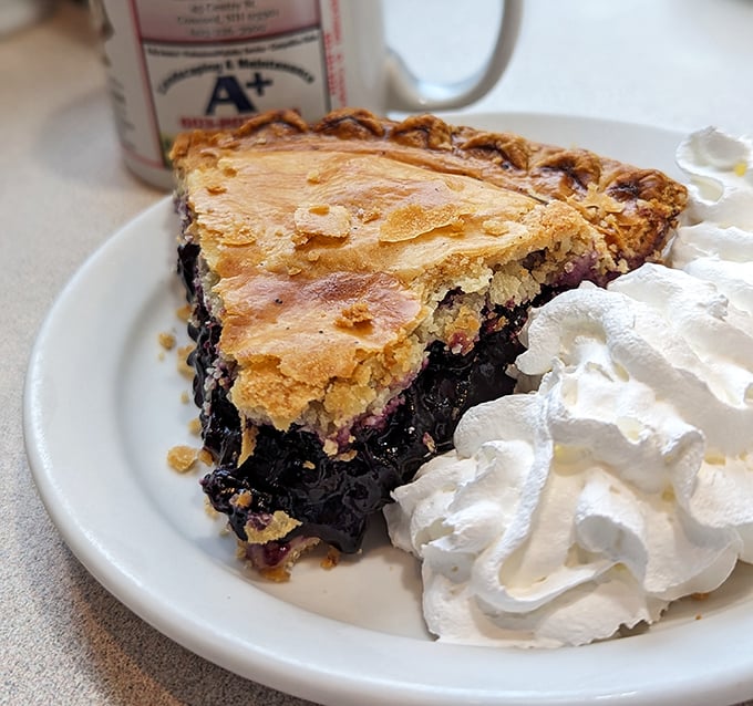 Blueberry pie with a mountain of whipped cream—the kind of dessert that makes you seriously consider ordering a second piece "for the road."