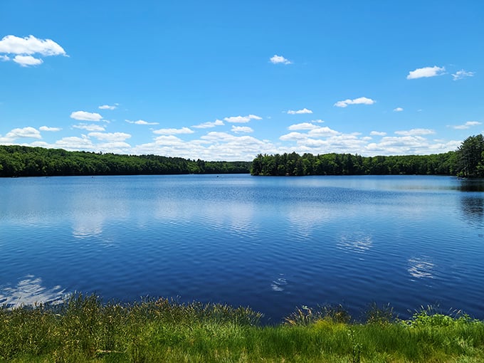 The reservoir's mirror-like surface reflects clouds with such precision you might momentarily forget which way is up—nature's ultimate optical illusion.