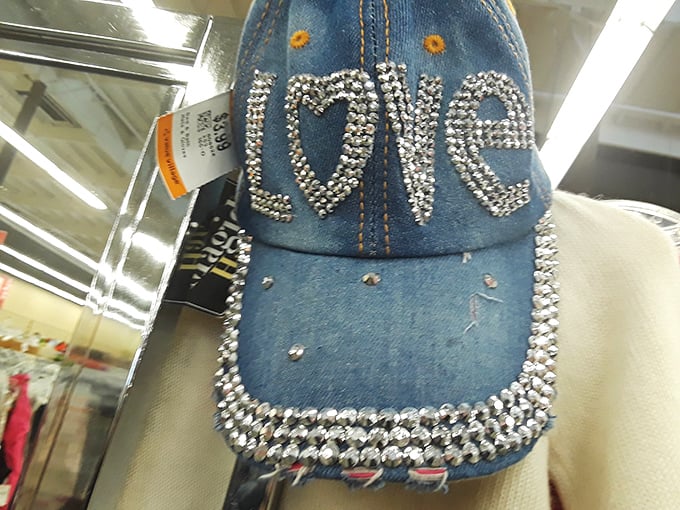 The bedazzled "LOVE" cap—because nothing says "I'm ready for both romance and a casual baseball game" quite like rhinestone headwear.