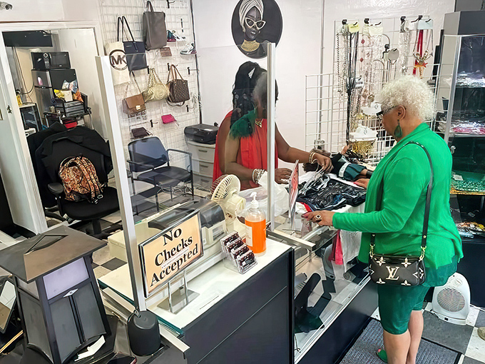 The checkout area – the final frontier between discovery and ownership. That "No Checks Accepted" sign is a time capsule itself.