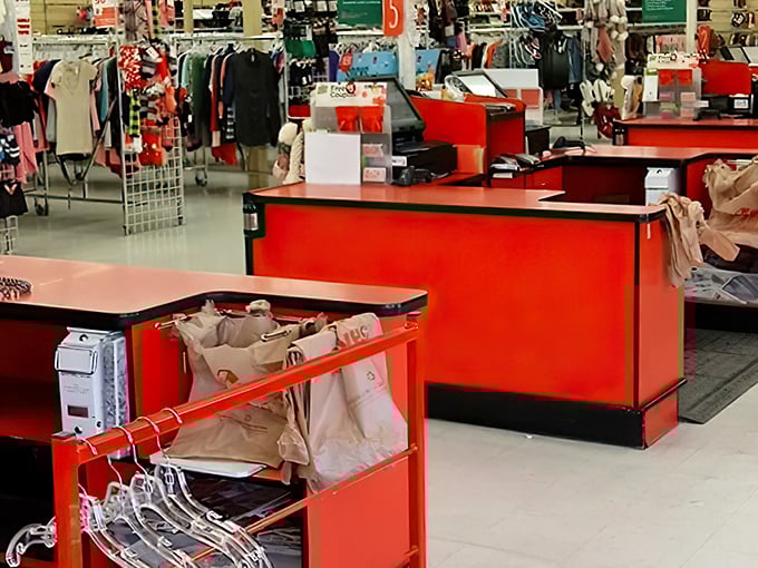 Red checkout counters stand like finish lines for successful treasure hunters, where victories are tallied in dollars saved.