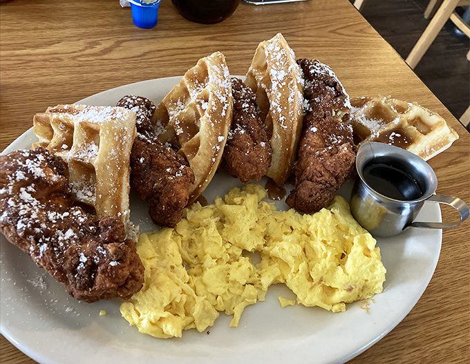 Chicken and waffles—the breakfast-lunch hybrid that proves some of the best relationships are unexpected ones, especially when maple syrup is involved.