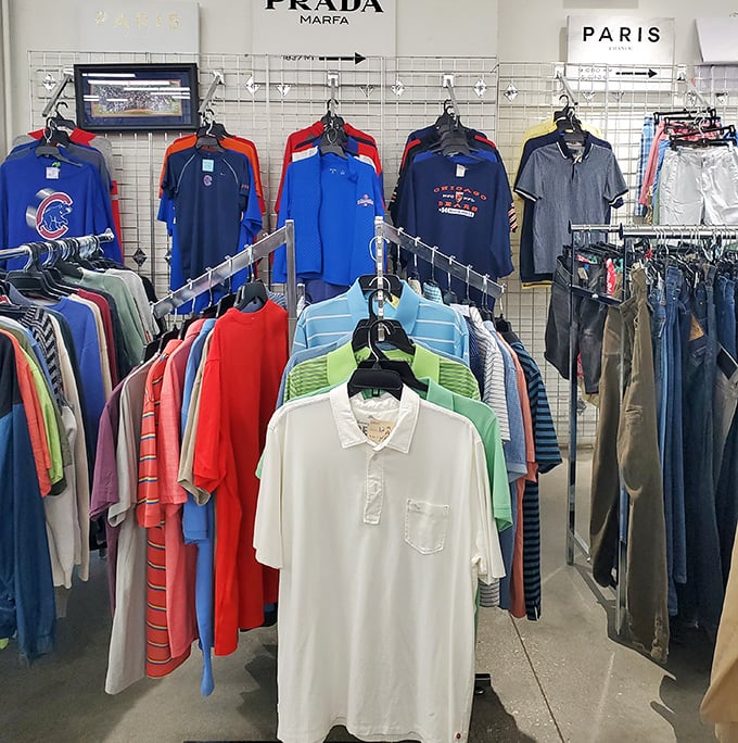 Cubs gear nestled between polo shirts and designer labels—the clothing section is Chicago's most democratic fashion show, no runway required.