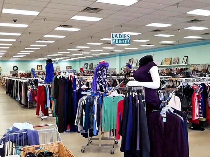 The women's clothing section stretches toward the horizon like a fashionista's dream. Those color-coded racks are calling your name!