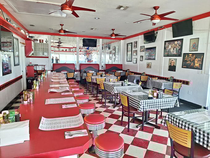 The counter where breakfast dreams come true. Red booths and checkered floors set the stage for the daily performance of "America's Greatest Breakfast Hits."