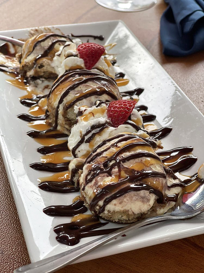 This dessert doesn't just end the meal—it provides the grand finale with caramel and chocolate drizzles that deserve their own standing ovation.