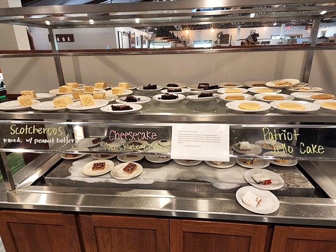 The dessert case—where even the most disciplined diner abandons all previous declarations of "I couldn't eat another bite."