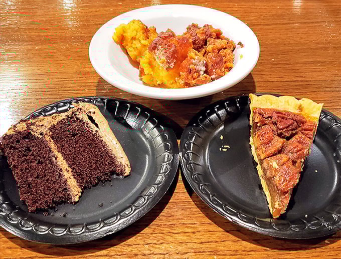 The dessert trifecta – chocolate cake, pecan pie, and something fruity and bubbling. The reason pants have elastic waistbands.