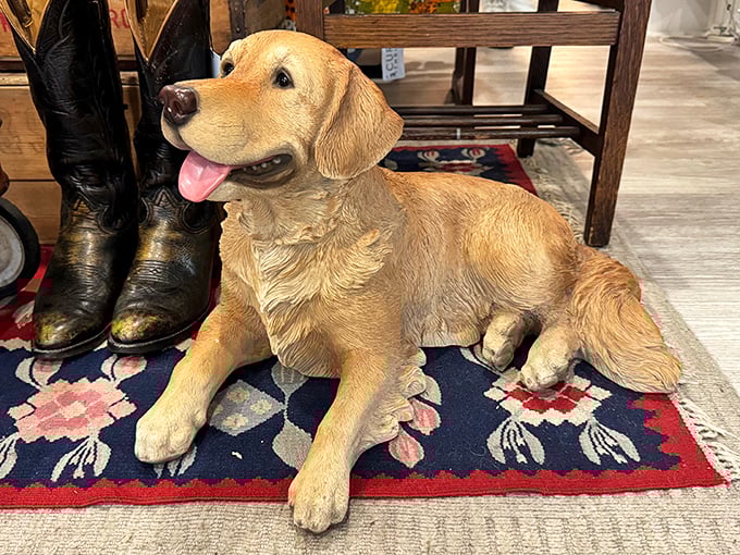 This golden retriever statue stands guard over vintage finds—the perfect companion for your treasure hunting adventure.