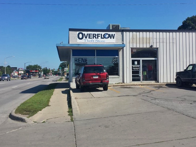 The welcoming entrance to Overflow – where the name perfectly captures what happens when Iowa's generous hearts donate their gently-used treasures.