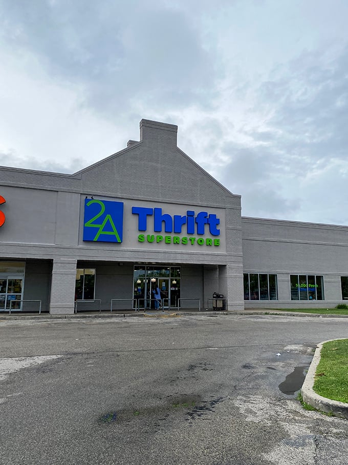 The iconic blue and green signage beckons bargain hunters like a lighthouse guiding ships to thrifty shores.