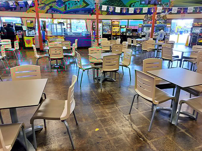 The indoor food court with arcade games provides air-conditioned comfort when the California sun gets a bit too enthusiastic.