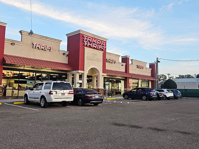 Tampa Thrift's exterior at dusk, when one day's treasures have found new homes and tomorrow's discoveries await. The thrill of possibility never ends.