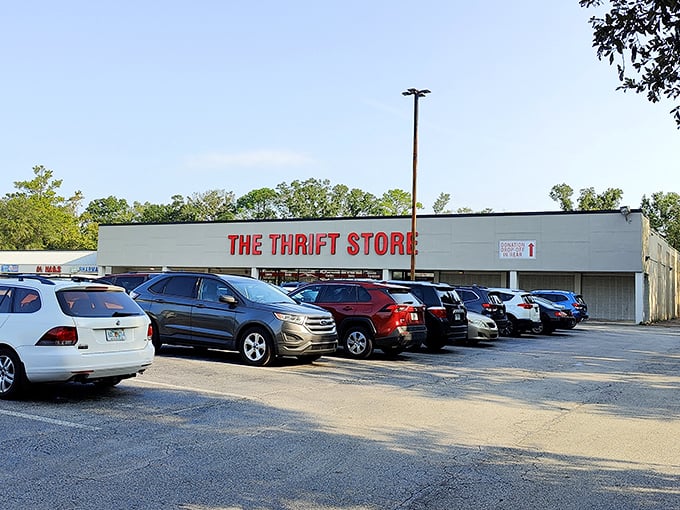 The parking lot fills early on weekend mornings. Seasoned thrifters know the early bird catches the vintage Pyrex—and the good parking spot.