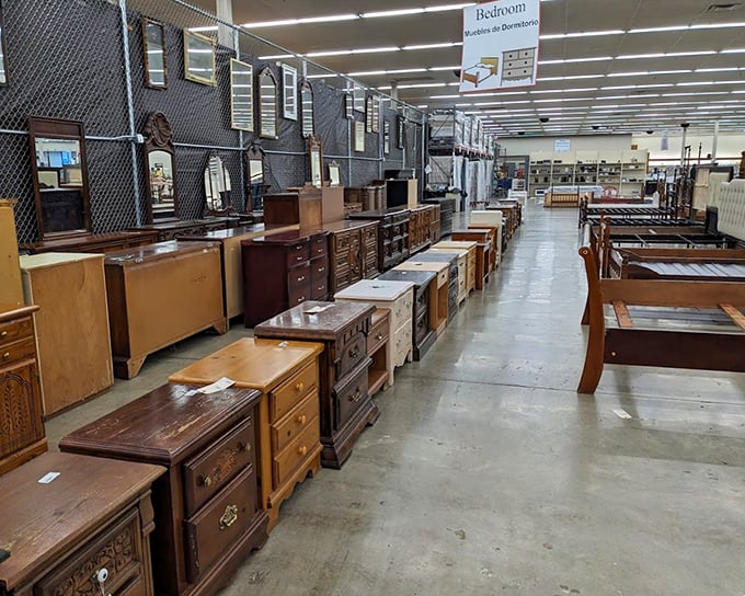 Bedroom furniture boulevard – where nightstands and dressers patiently wait to hold your unread books and semi-folded sweaters.