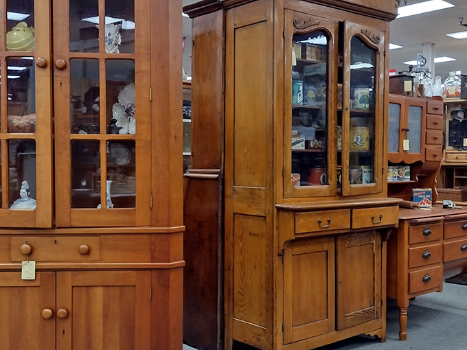 Solid oak furniture with the patina only decades can create—these aren't just cabinets and hutches, they're time machines built to last another century.