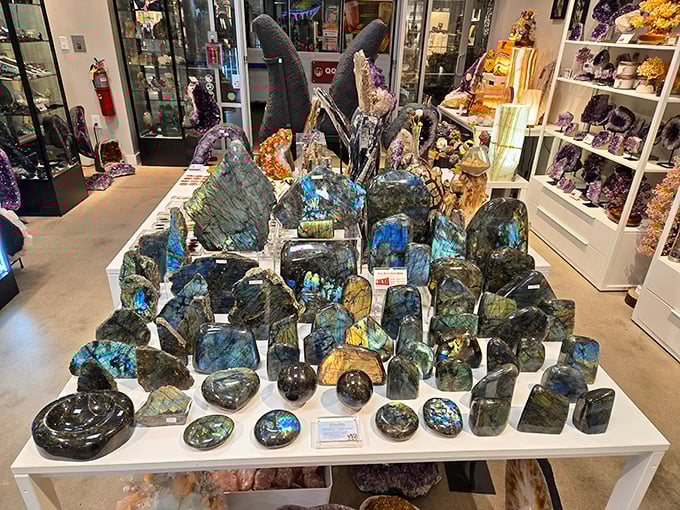 The gemstone display transforms ordinary shopping into a treasure hunt – suddenly you're not just buying things, you're collecting small, shimmering pieces of the earth.