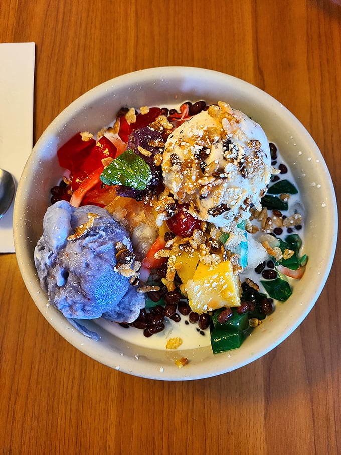 Behold the holy grail—halo-halo in all its glory. Those vibrant colors aren't just pretty; they're a promise of the flavor carnival that awaits your spoon.