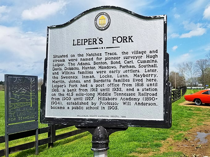 This historical marker tells Leiper's Fork's origin story—from pioneer surveyors to railroad days—proving good things come in small packages.