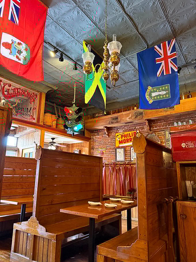 International flags hang like silent testimonials to the universal language of good food that transcends borders and brings people together.