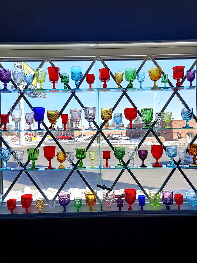 A window display of colorful goblets that catches light like stained glass. Proof that diners can have unexpected moments of whimsy and beauty.