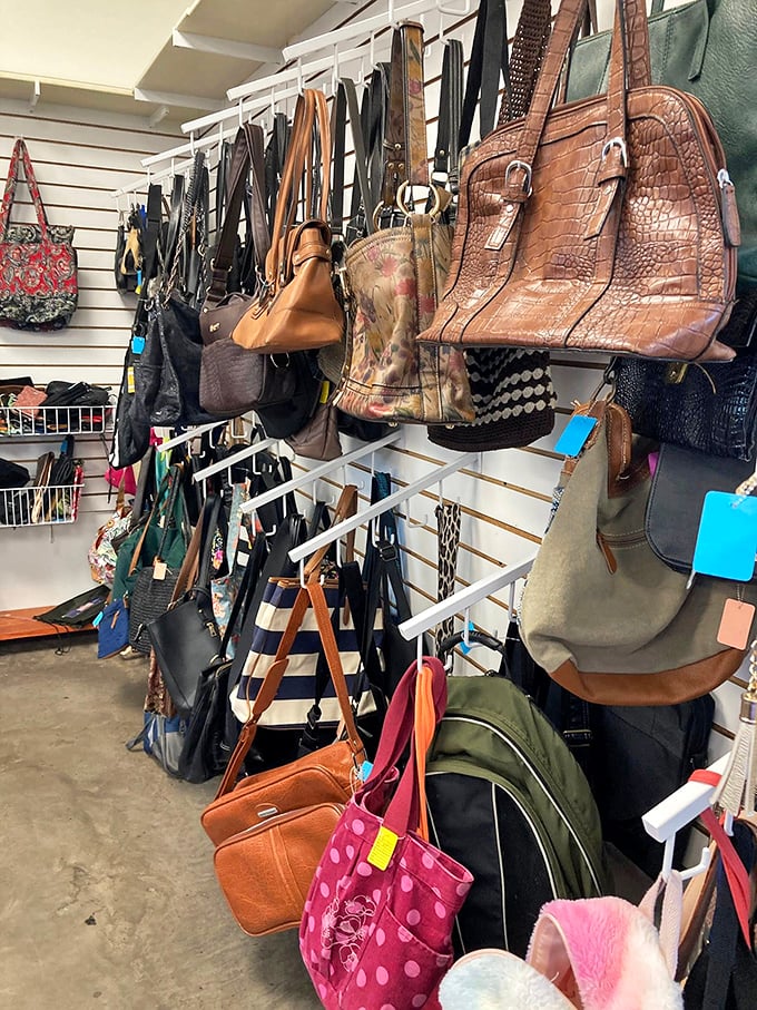 Handbag heaven! Leather purses in every shade of brown dangle like fashionable fruit, ripe for the picking.