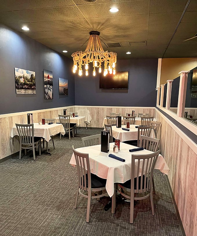 Intimate dining spaces with Door County landscapes on the walls – the perfect setting for conversations that last until dessert.