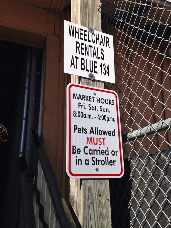 The rules of engagement clearly posted—even your chihuahua needs to ride in style at this market.
