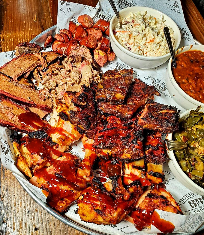 The barbecue feast that launches a thousand napkins – a glorious spread that makes you wonder if you should have skipped breakfast AND lunch.