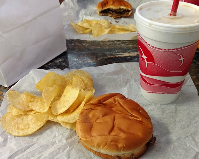 The complete Maid-Rite experience: loose meat sandwich, chips, and a shake—a trilogy more satisfying than most Hollywood blockbusters.