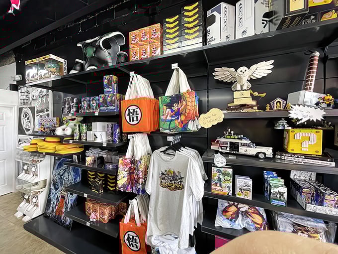 The merch corner proves Soupa Saiyan isn't just feeding stomachs—it's feeding fandom. T-shirts, figurines, and collectibles let you take the experience home.