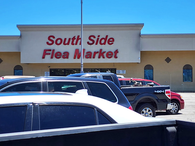 The South Side Flea Market exterior on a perfect blue-sky day—where inside, the forecast always calls for amazing finds and unexpected treasures.