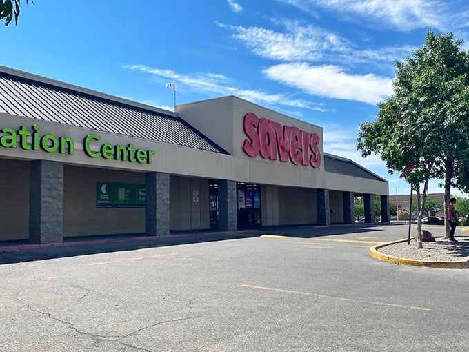 The donation center entrance stands ready, completing the circle of stuff – your clutter becomes someone else's must-have discovery.