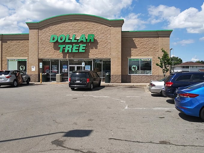 The Dollar Tree's exterior on a perfect Wisconsin day—where blue skies and budget shopping create the ideal Midwestern afternoon adventure.