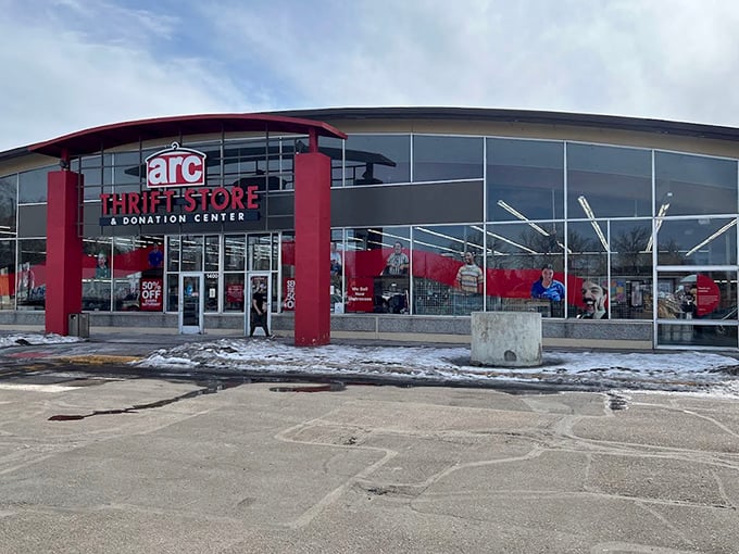 Even on snowy days, the bright red exterior of arc stands out like a cardinal against winter white, calling all treasure hunters inside.