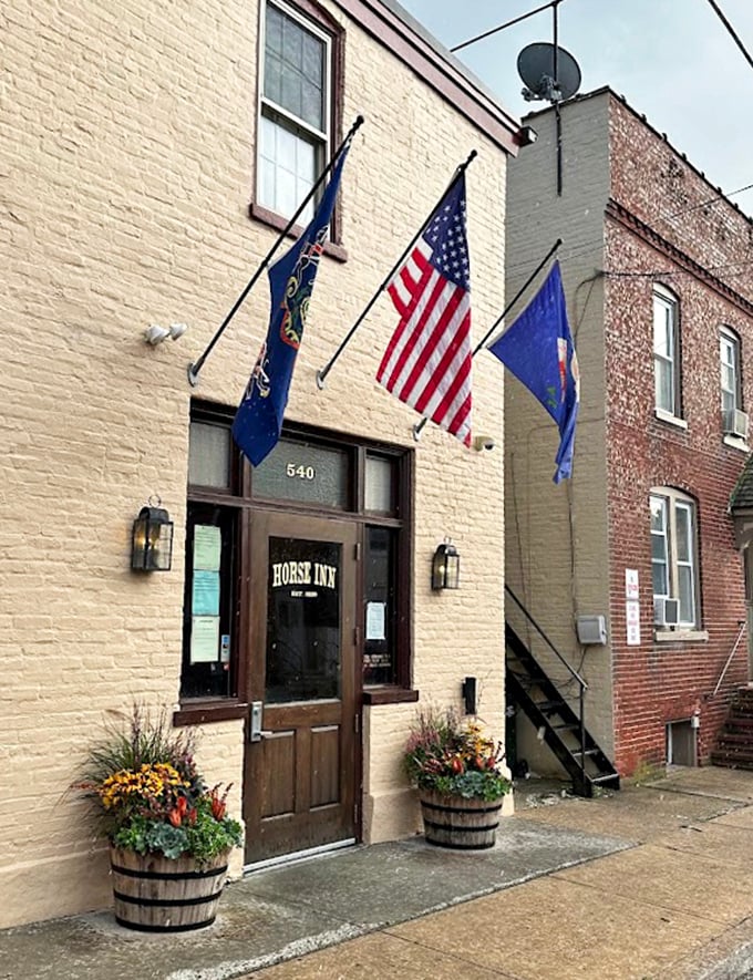 Barrel planters and that weathered brick facade – Lancaster charm without the tourist-trap theatrics.